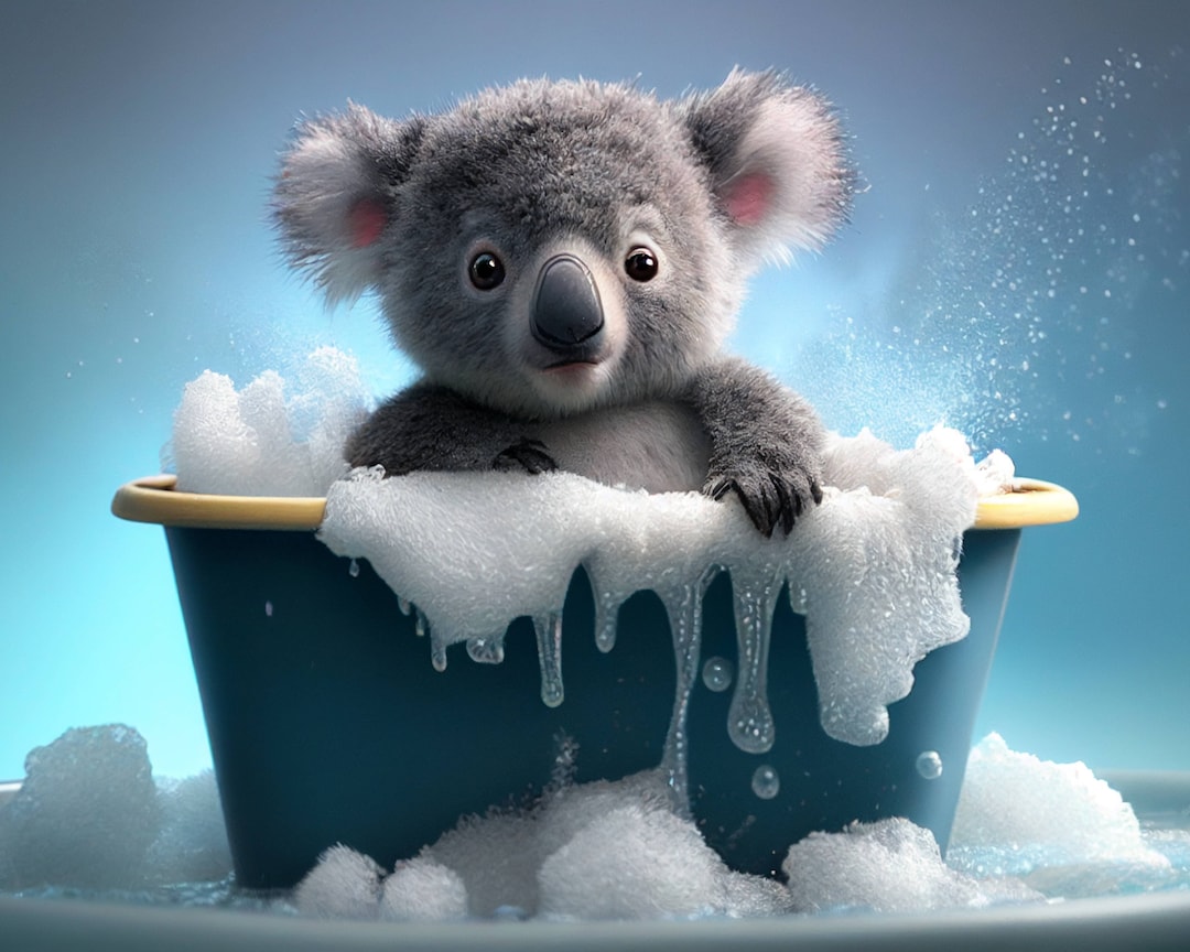 Cute Baby Koala in Bathtub Wall Art, Koala Bathing, Funny Bathroom Art ...