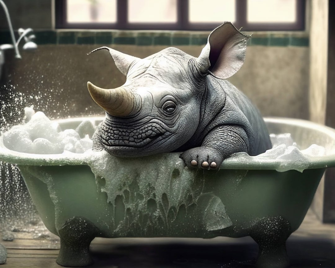 Cute Baby Rhino in A Bathtub Wall Art, Rhino Bathing, Funny Bathroom ...