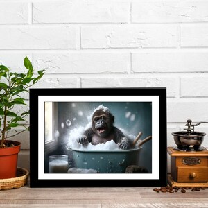 Cute Baby Gorilla in Tub Wall Art, Monkey Bathing, Funny Bathroom Art ...