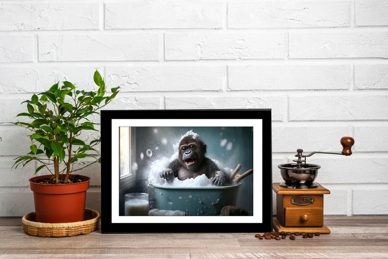 Cute Baby Gorilla in Tub Wall Art, Monkey Bathing, Funny Bathroom Art ...
