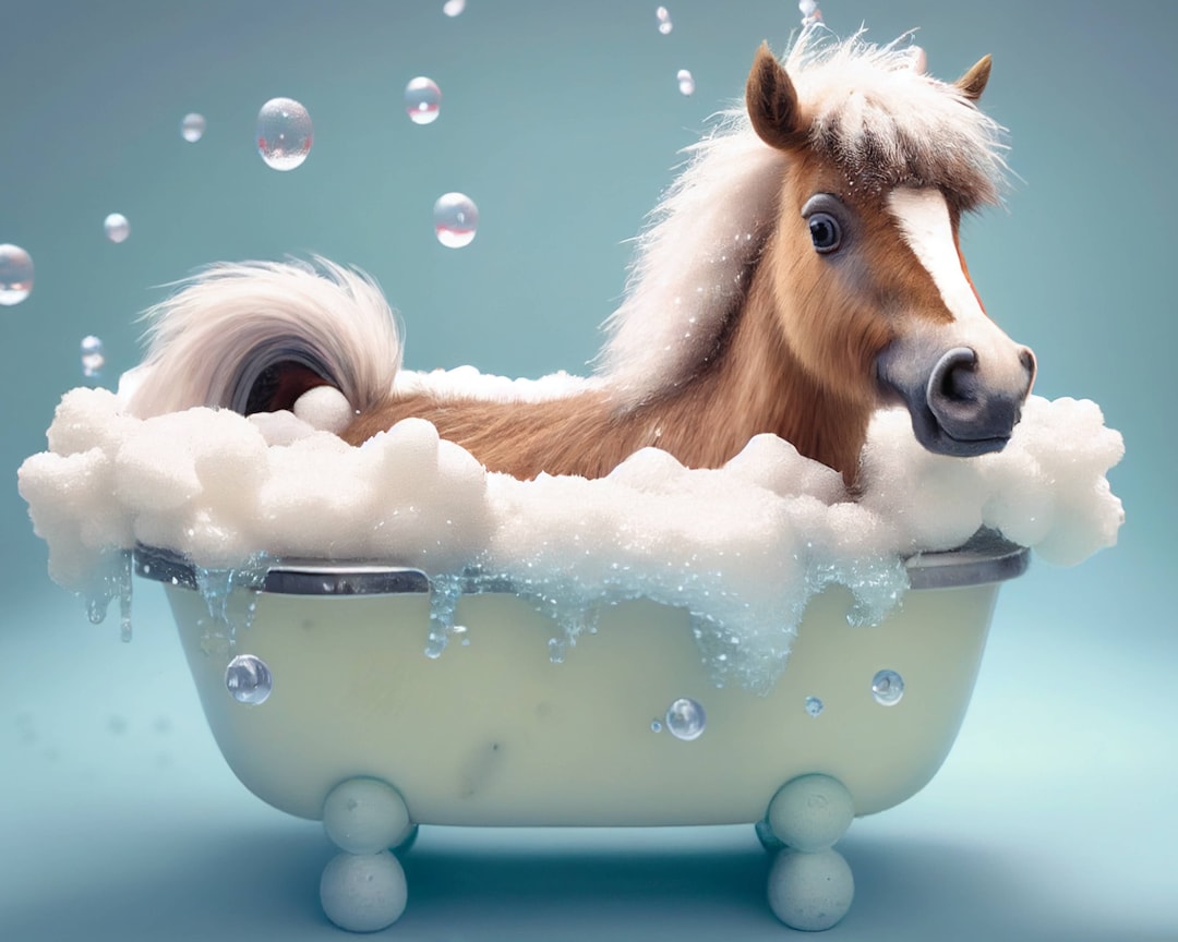 Cute Baby Horse in A Bathtub Wall Art, Horse Bathing, Funny Bathroom ...