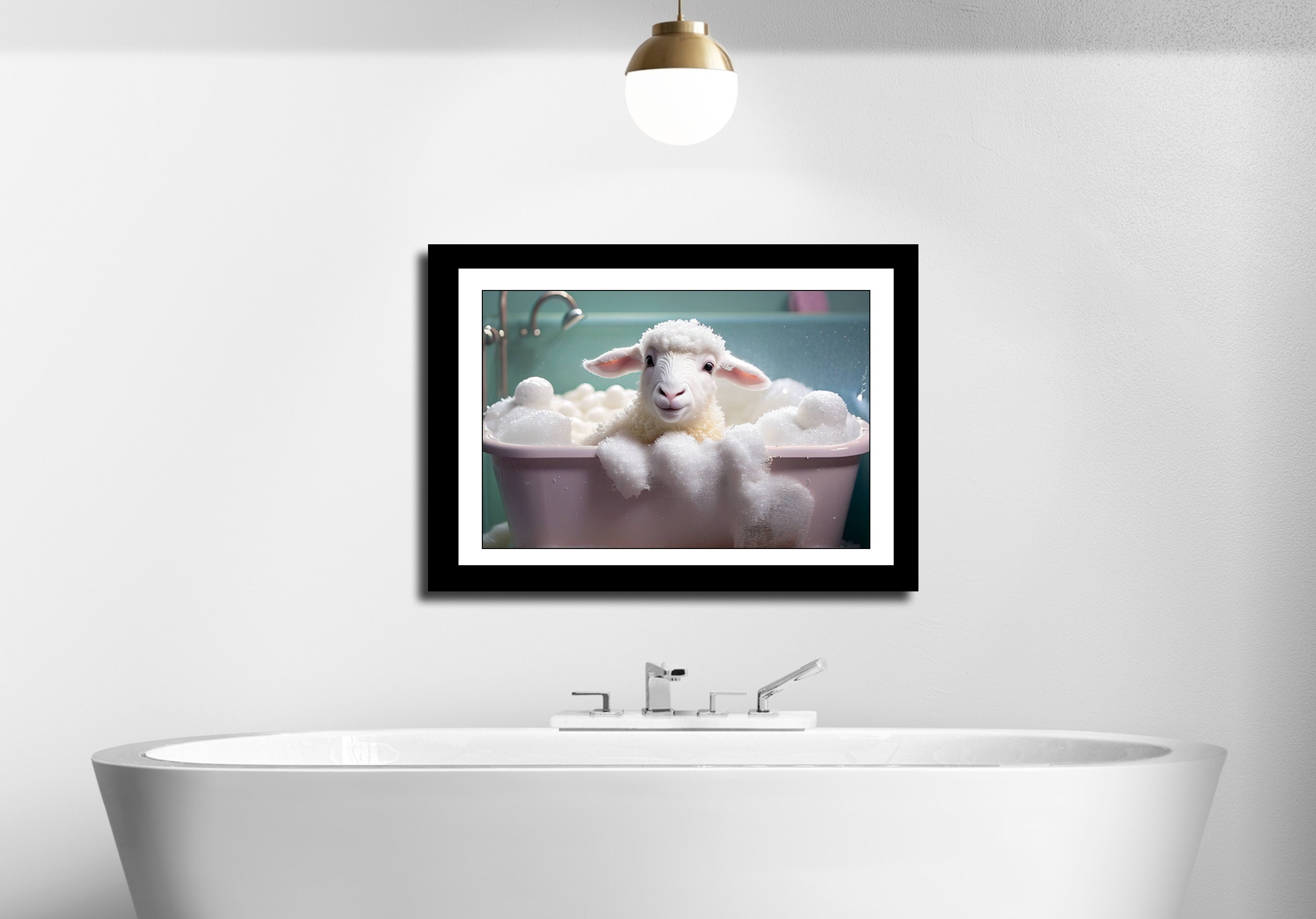 Cute Baby Lamb in A Bathtub Wall Art, Lamb Bathing, Funny Bathroom Art ...