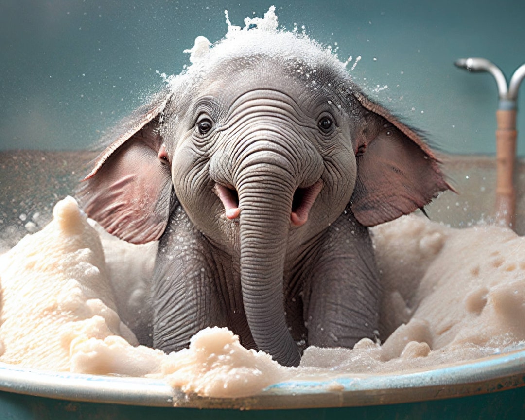 Cute Baby Elephant in Tub Wall Art, Elephant Bathing, Funny Bathroom ...