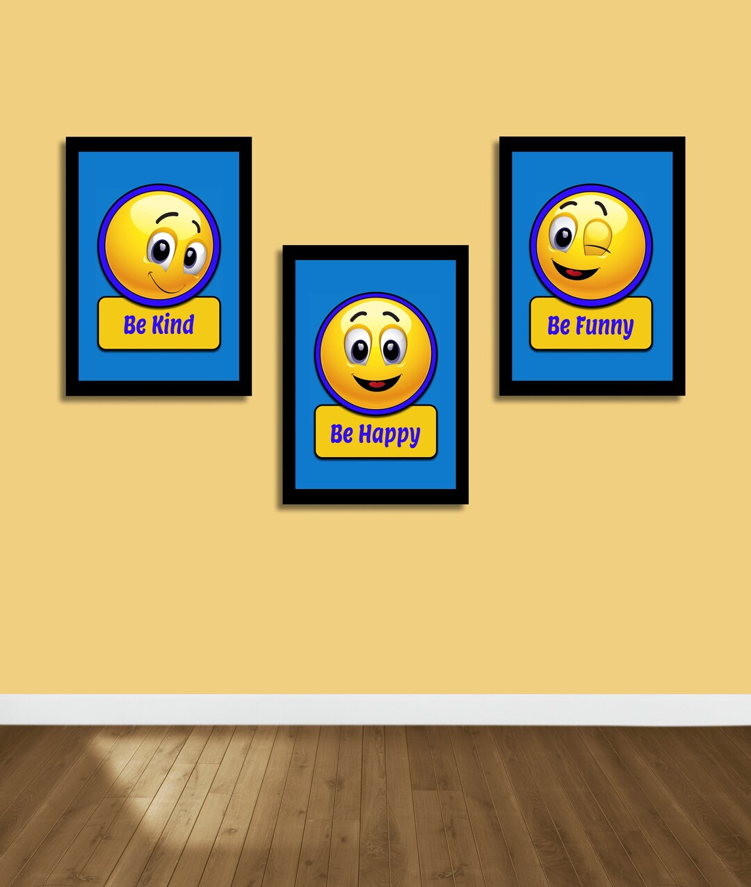 3 Piece Wall Art, Emoji Print, Smiley Face Art, Kids Room Decor, Yellow ...