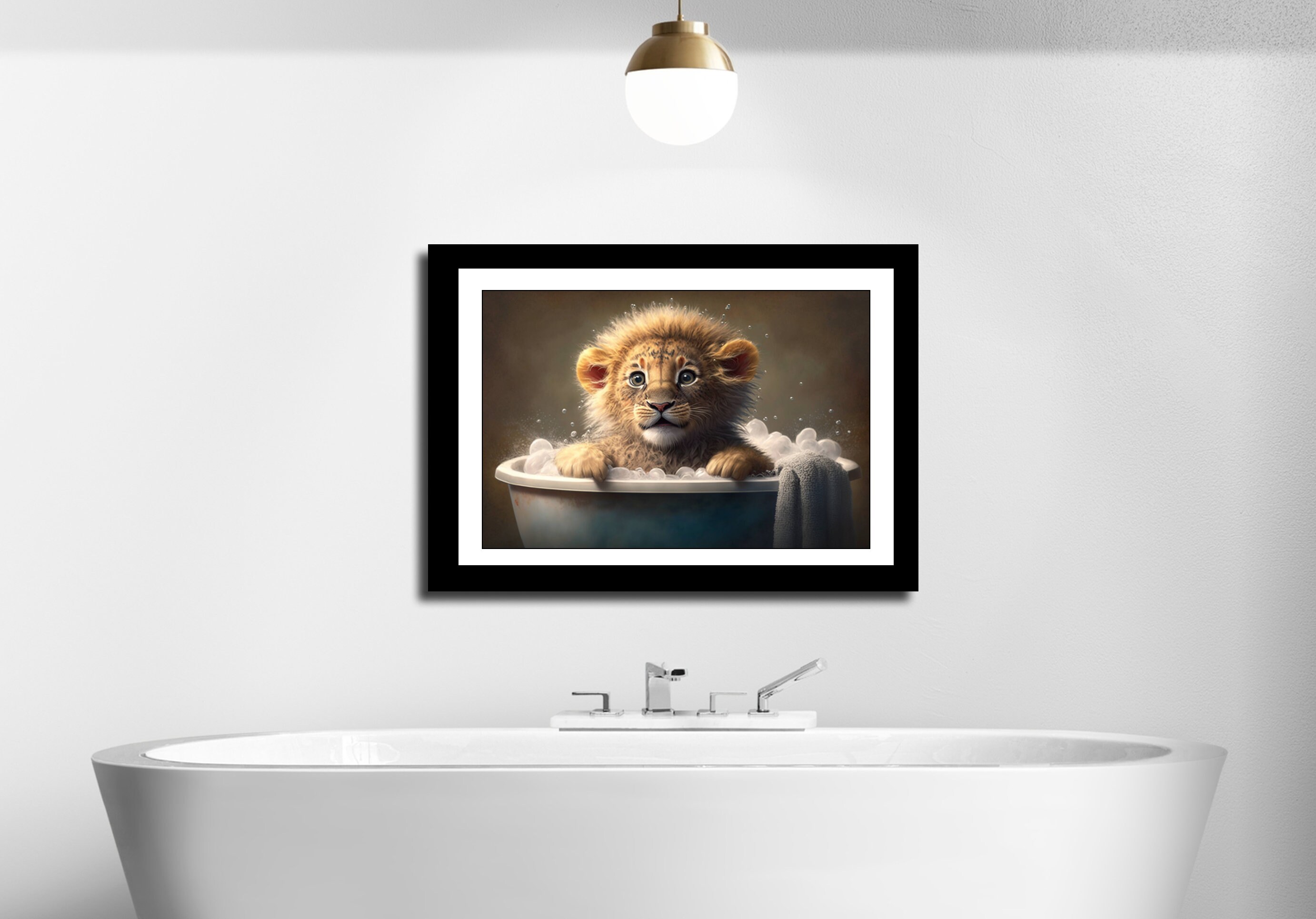 Cute Baby Lion Cub in Bathtub Wall Art, Lion Bathing, Funny Bathroom ...