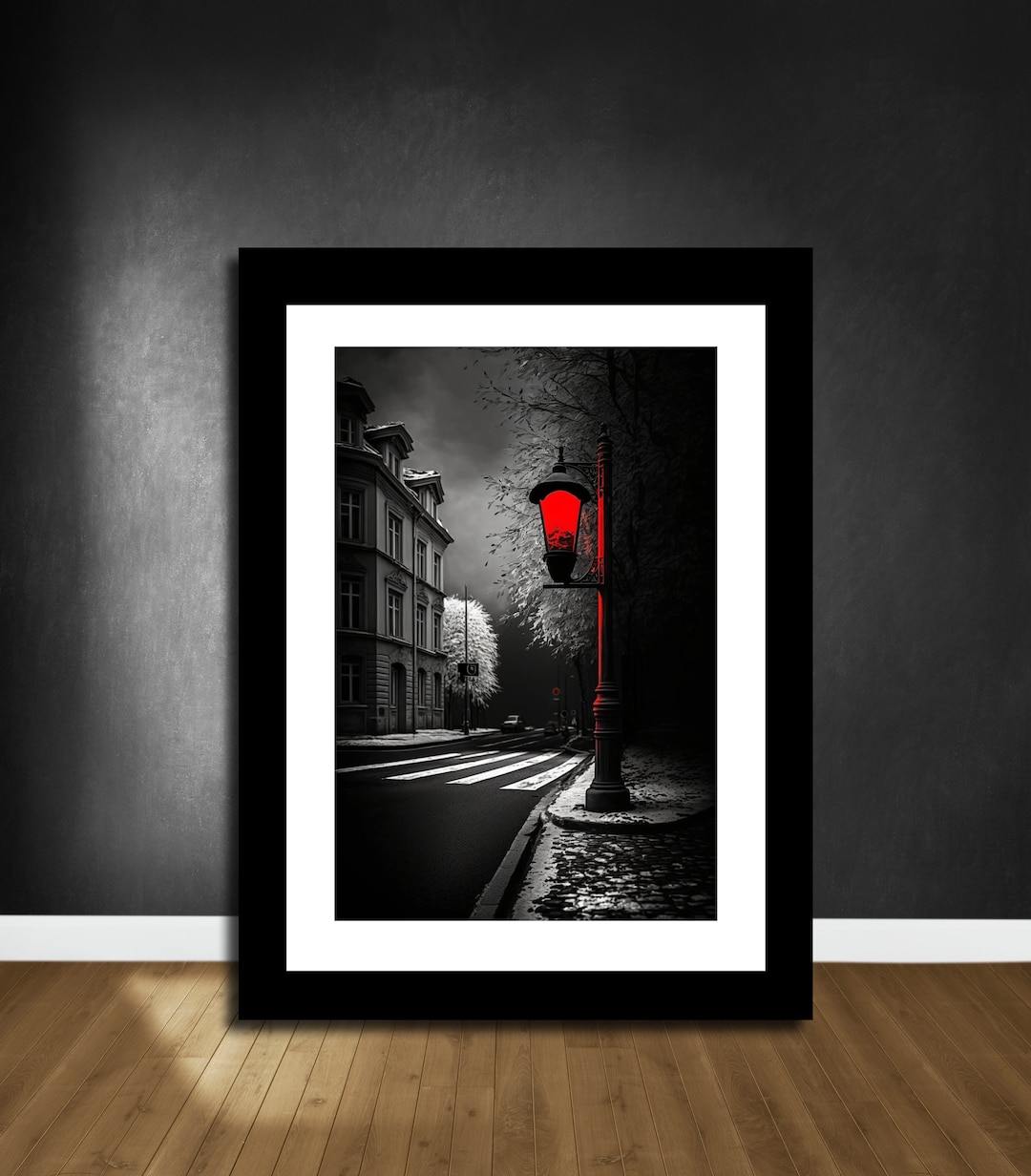 Black White Red Wall Art, Red Light Lamp Post, Abstract Art Poster ...