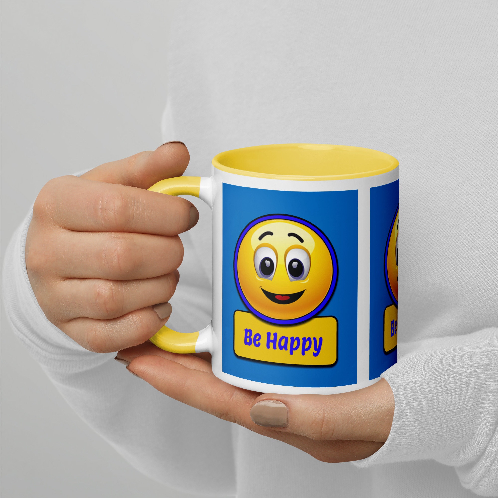 Ceramic Coffee Tea Mug, Emoji Print, Smiley Face, Be Happy Quote ...
