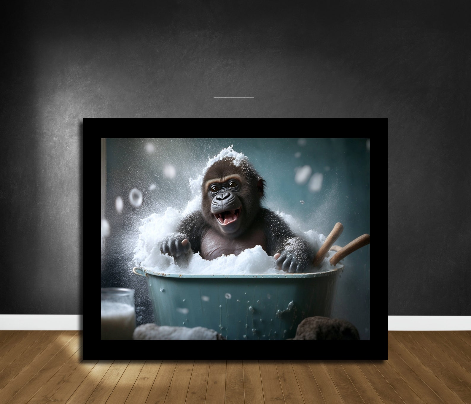 Cute Baby Gorilla in Tub Wall Art, Monkey Bathing, Funny Bathroom Art ...