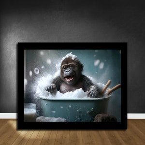 Cute Baby Gorilla in Tub Wall Art, Monkey Bathing, Funny Bathroom Art ...