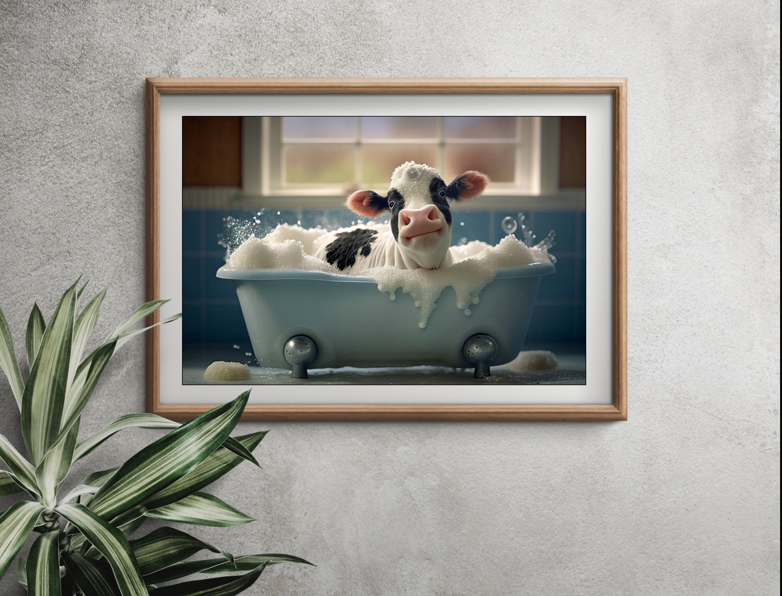 Cute Baby Cow in A Bathtub Wall Art, Cow Bathing, Funny Bathroom Art ...