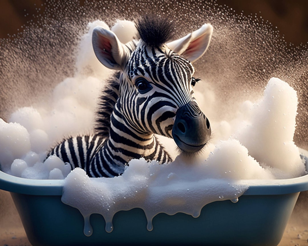 Cute Baby Zebra in A Bathtub Wall Art, Zebra Bathing, Funny Bathroom ...