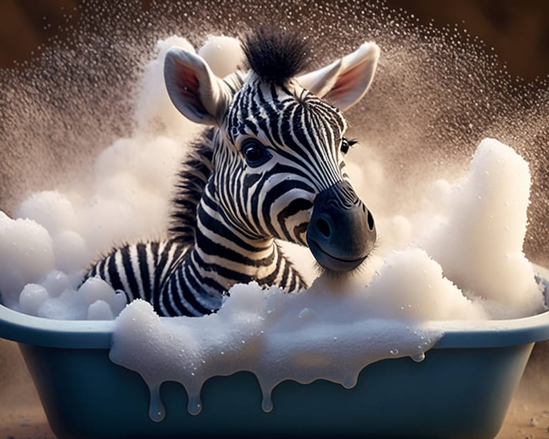 Cute Baby Zebra in A Bathtub Wall Art, Zebra Bathing, Funny Bathroom ...