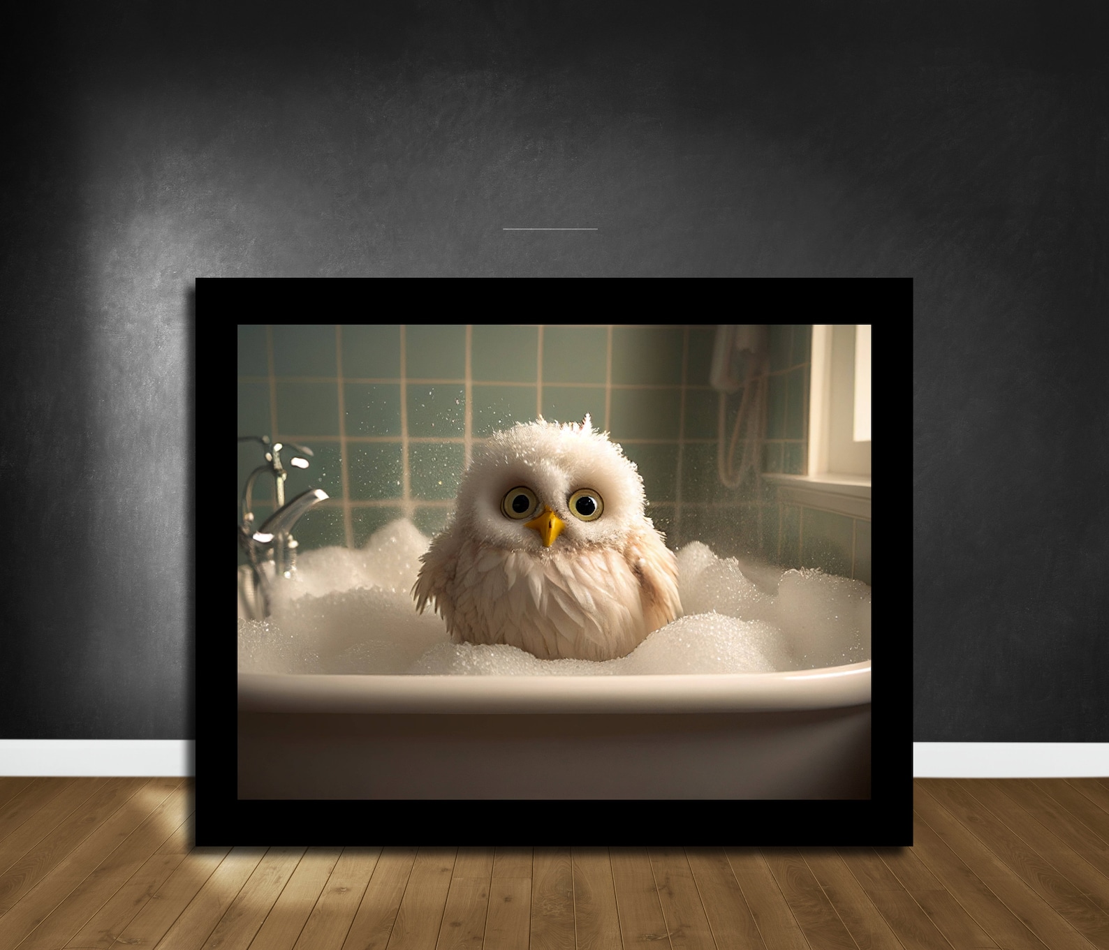 Cute Baby Owl in A Bathtub Wall Art, Owl Bathing, Funny Bathroom Art ...