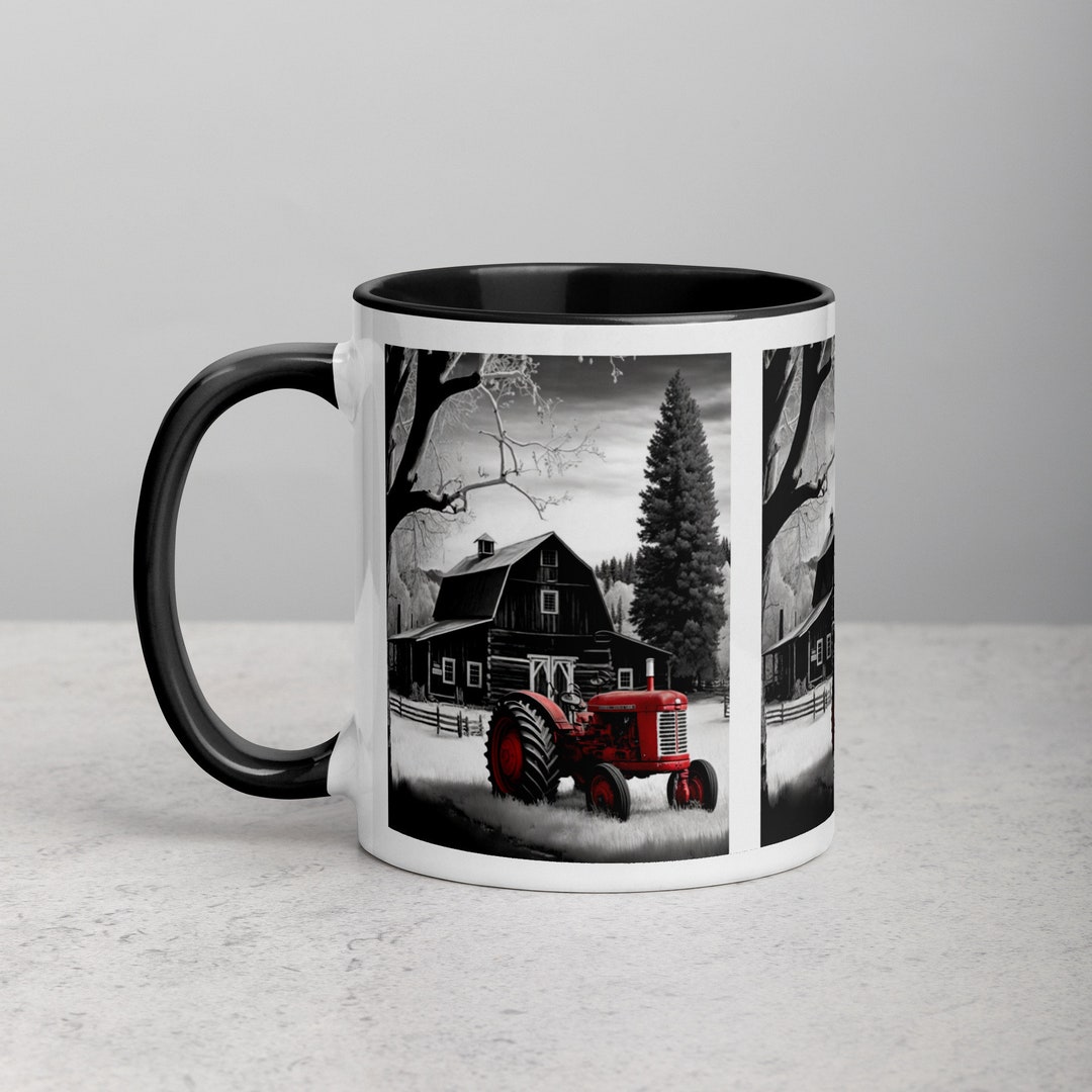 Ceramic Coffee Tea Mug, Red Tractor Barn, Winter Scene, Farm Life ...