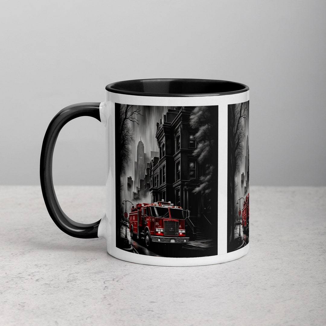 Ceramic Coffee Tea Mug, Red Firetruck, Firefighter Mug, Black White Red ...