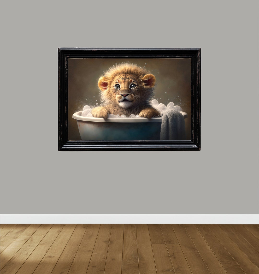Cute Baby Lion Cub in Bathtub Wall Art Lion Bathing Funny - Etsy