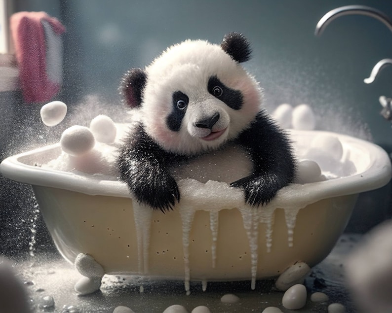 Cute Baby Panda in Bathtub Wall Art, Panda Bathing, Funny Bathroom Art ...