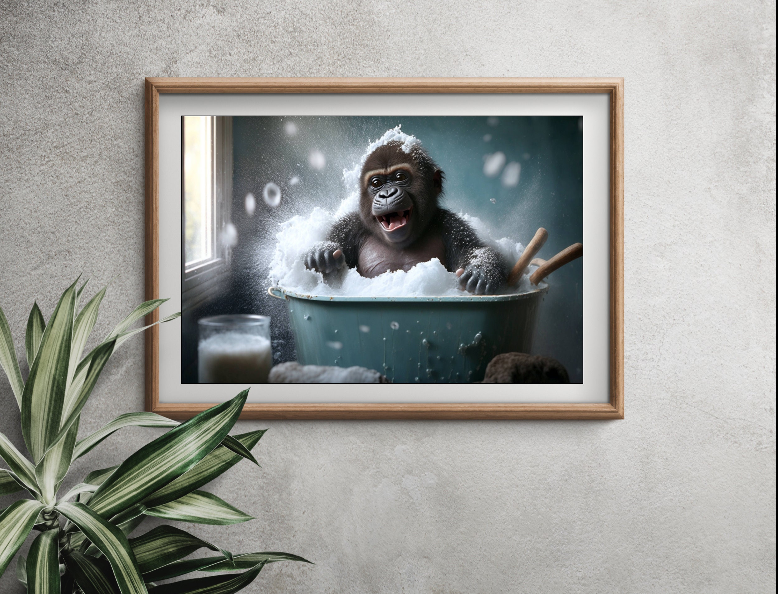 Cute Baby Gorilla in Tub Wall Art, Monkey Bathing, Funny Bathroom Art ...