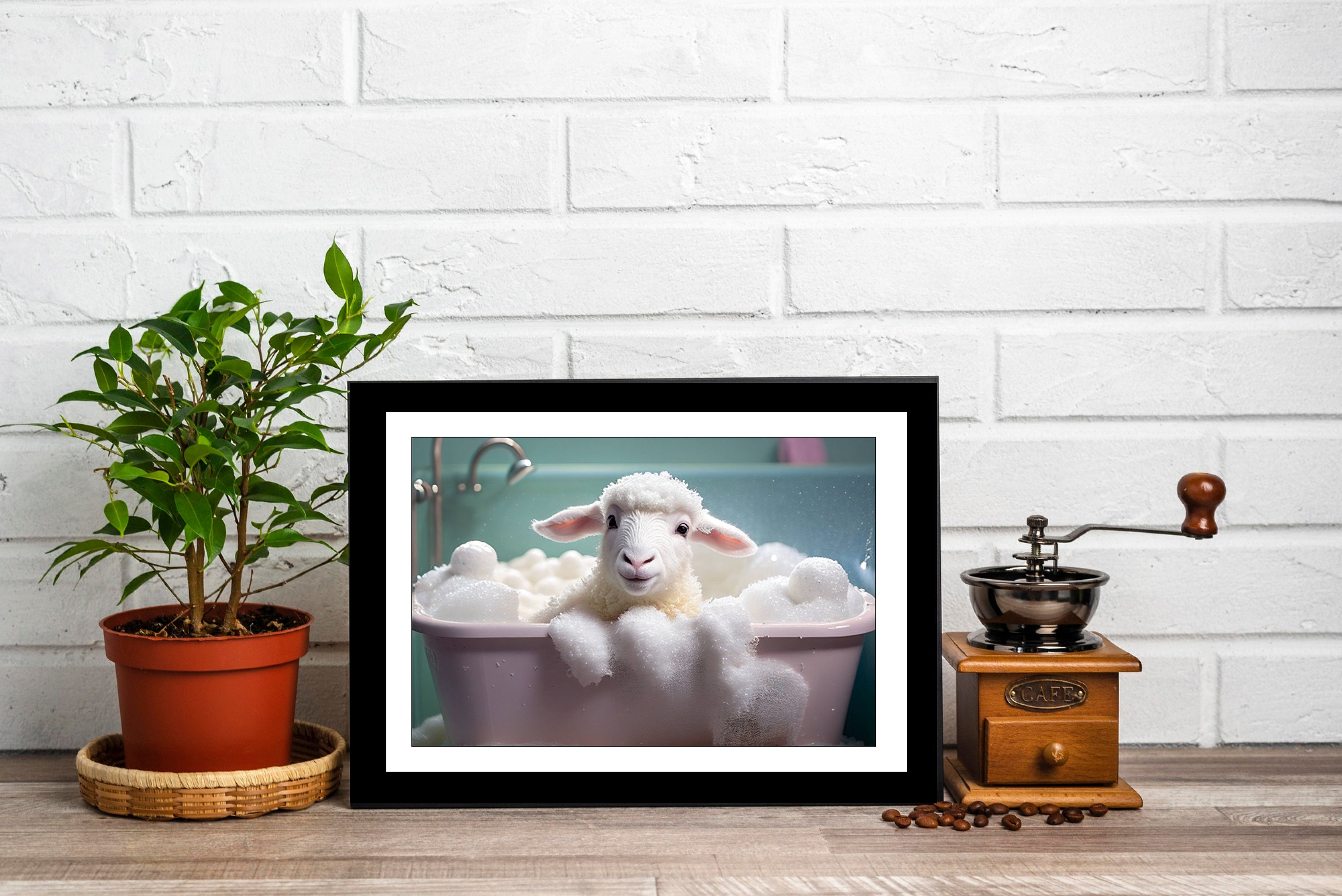 Cute Baby Lamb in A Bathtub Wall Art, Lamb Bathing, Funny Bathroom Art ...