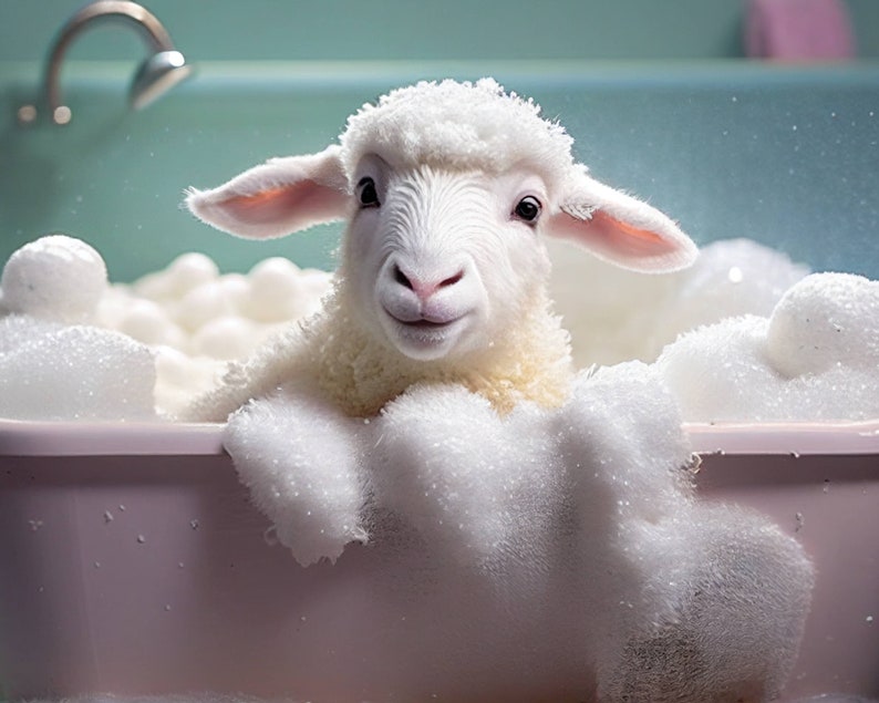 Cute Baby Lamb in A Bathtub Wall Art, Lamb Bathing, Funny Bathroom Art ...