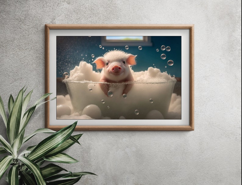 Cute Baby Pig in Bathtub Wall Art, Pig Bathing, Funny Bathroom Art ...