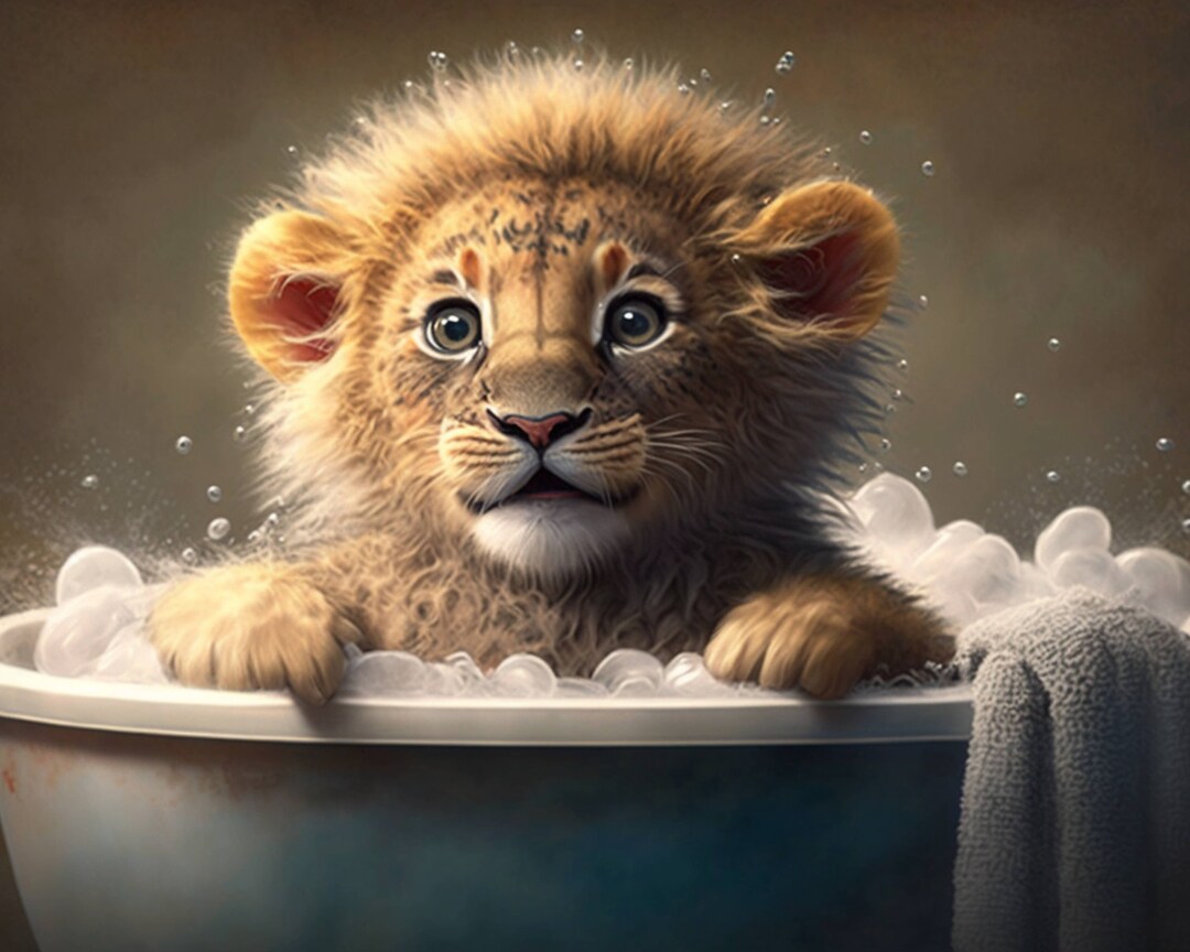 Cute Baby Lion Cub in Bathtub Wall Art, Lion Bathing, Funny Bathroom ...