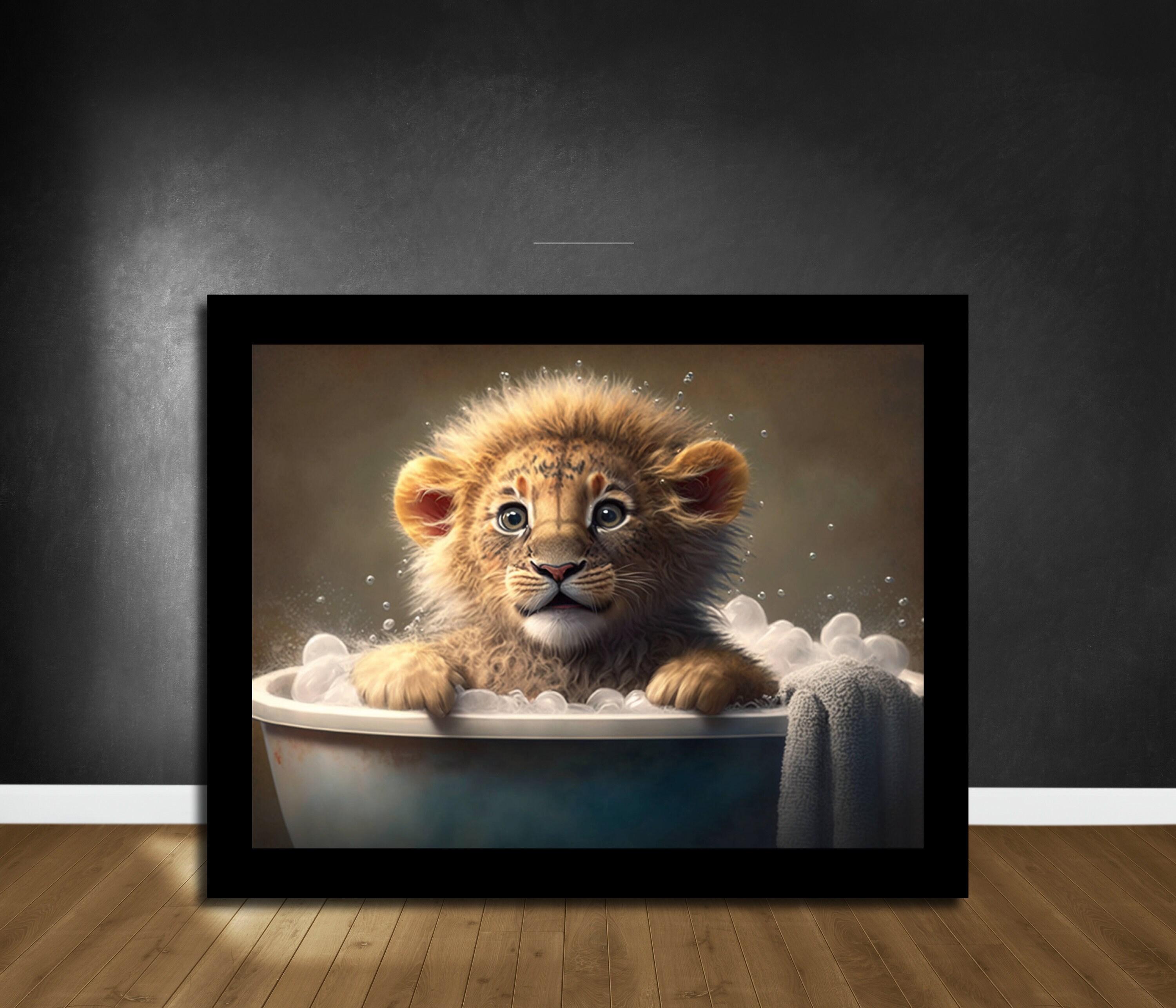 Cute Baby Lion Cub in Bathtub Wall Art, Lion Bathing, Funny Bathroom ...