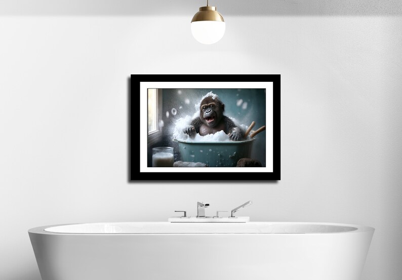 Cute Baby Gorilla in Tub Wall Art, Monkey Bathing, Funny Bathroom Art ...