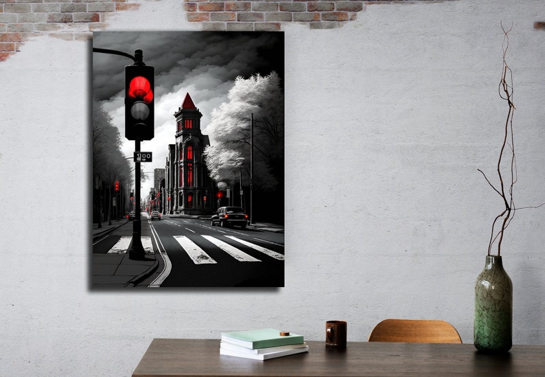 Schwarz Weiß Rote Wand Kunst, rote Ampeln Auf Einer Stadtstraße, Abstrakte Kunst Poster, Rote ...