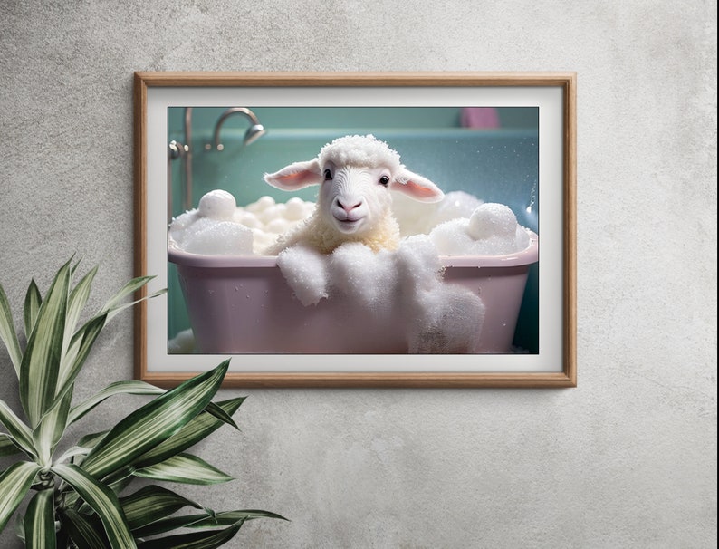 Cute Baby Lamb in A Bathtub Wall Art, Lamb Bathing, Funny Bathroom Art ...