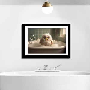 Cute Baby Owl in A Bathtub Wall Art, Owl Bathing, Funny Bathroom Art ...