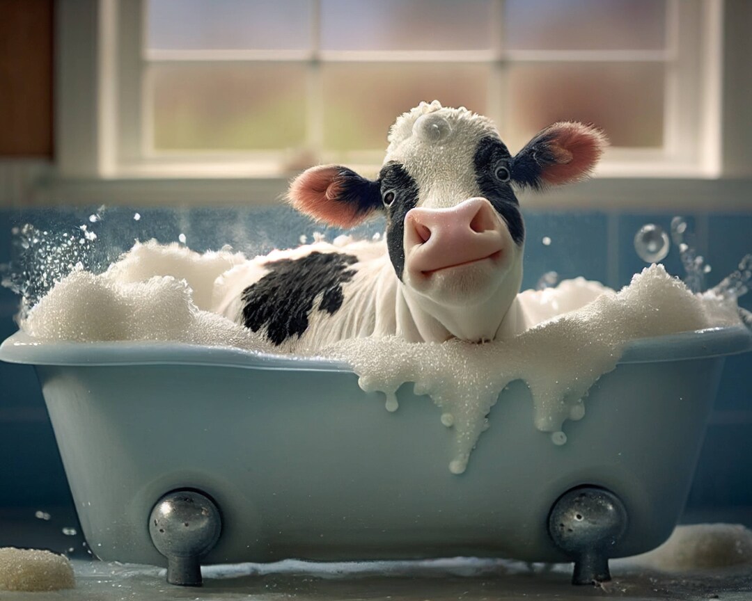 Cute Baby Cow in A Bathtub Wall Art, Cow Bathing, Funny Bathroom Art ...