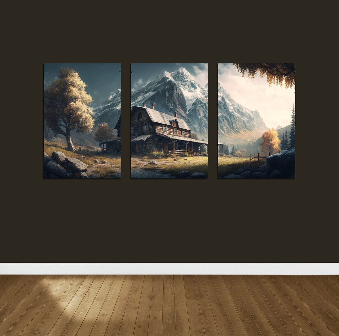 Triptych Wall Art, Rustic Mountain Landscape Print Set, 3 Piece Wall ...
