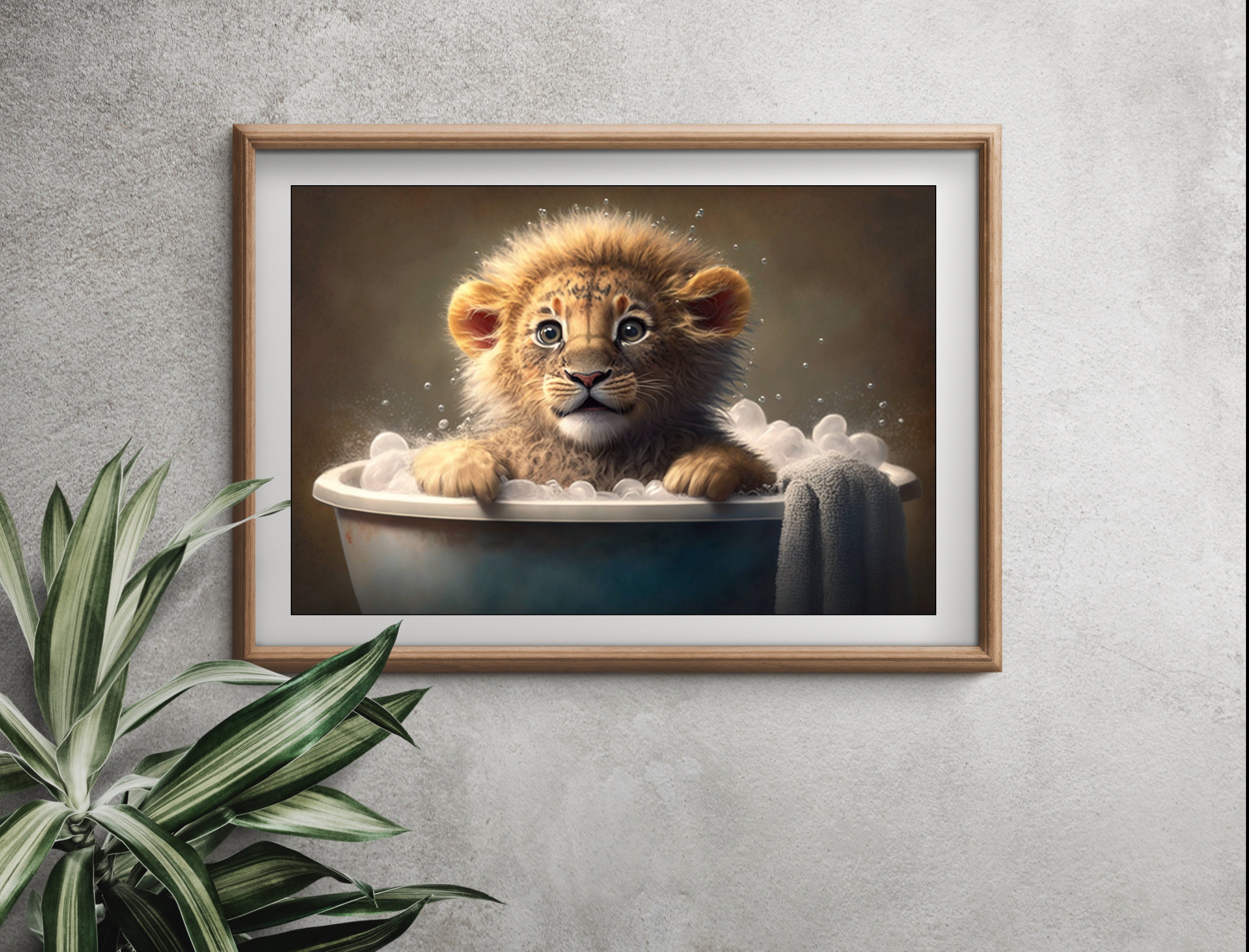 Cute Baby Lion Cub in Bathtub Wall Art, Lion Bathing, Funny Bathroom ...