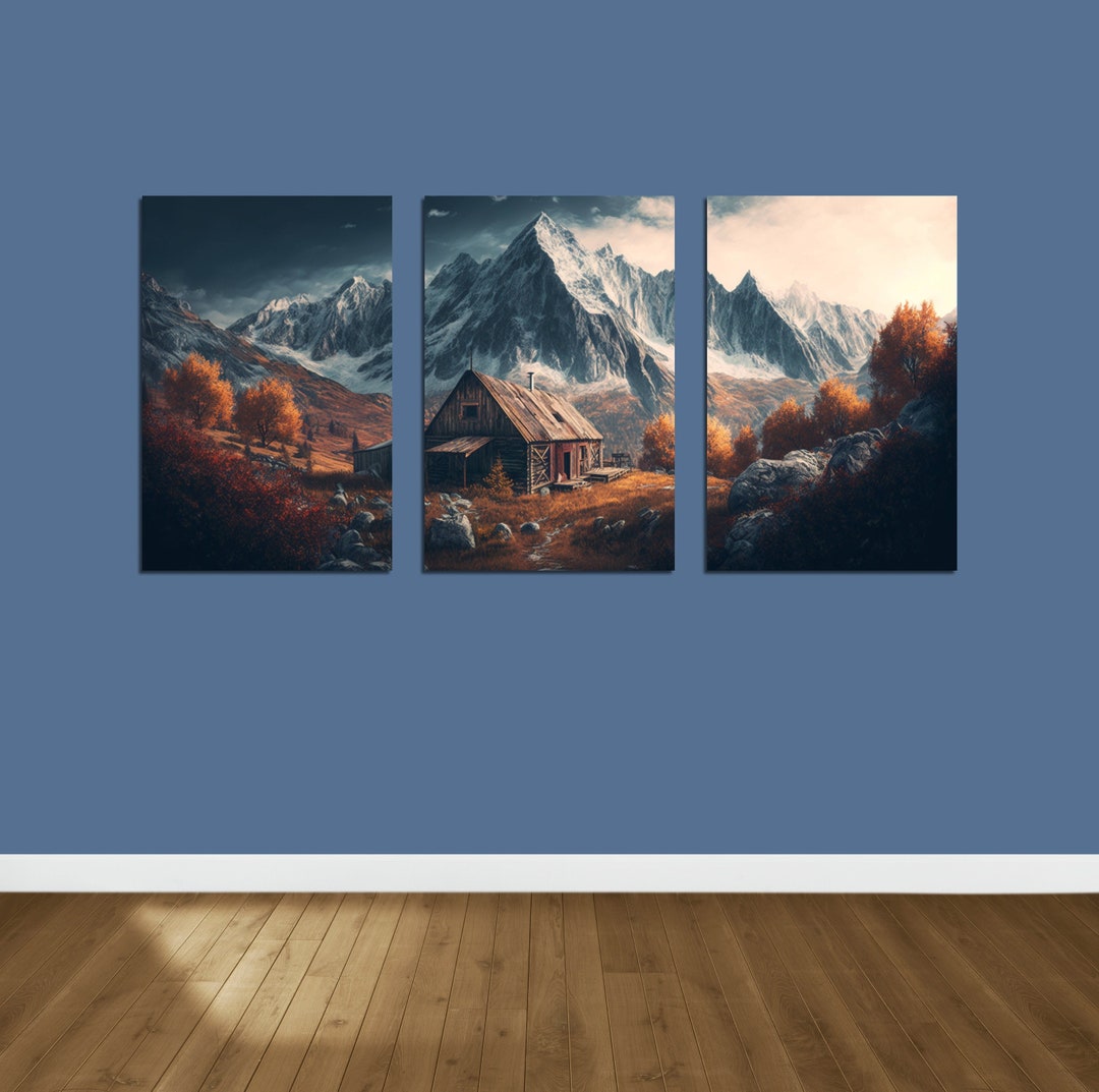Triptych Wall Art, Rustic Mountain Landscape Print Set, 3 Piece Wall ...
