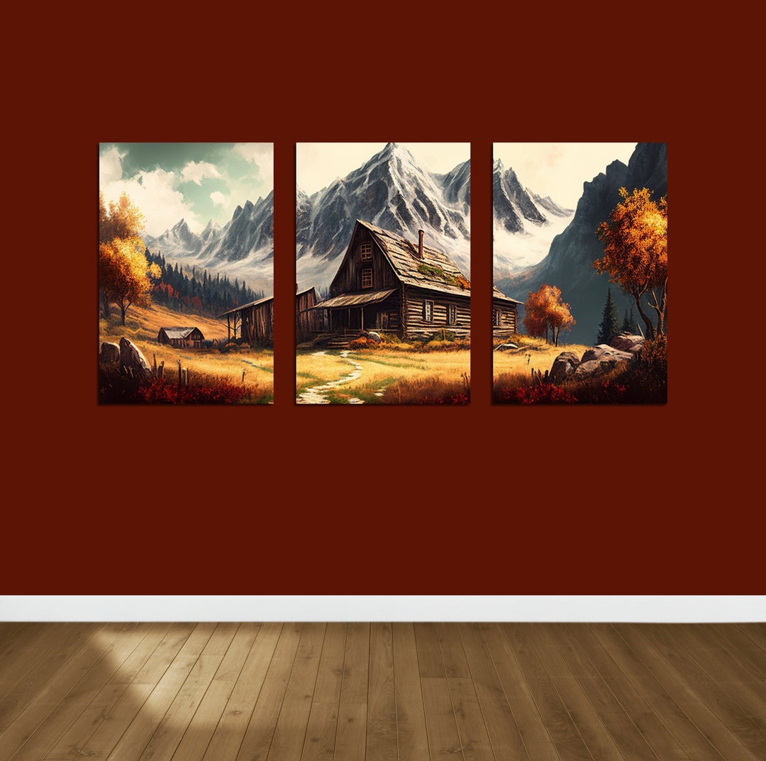 Triptych Wall Art, Rustic Mountain Landscape Print Set, 3 Piece Wall ...