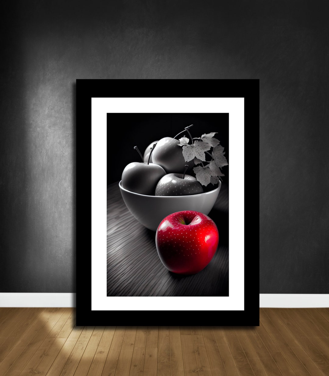 Black White Red Wall Art, Red Apple Print, Red Art Prints, Fruit Bowl ...