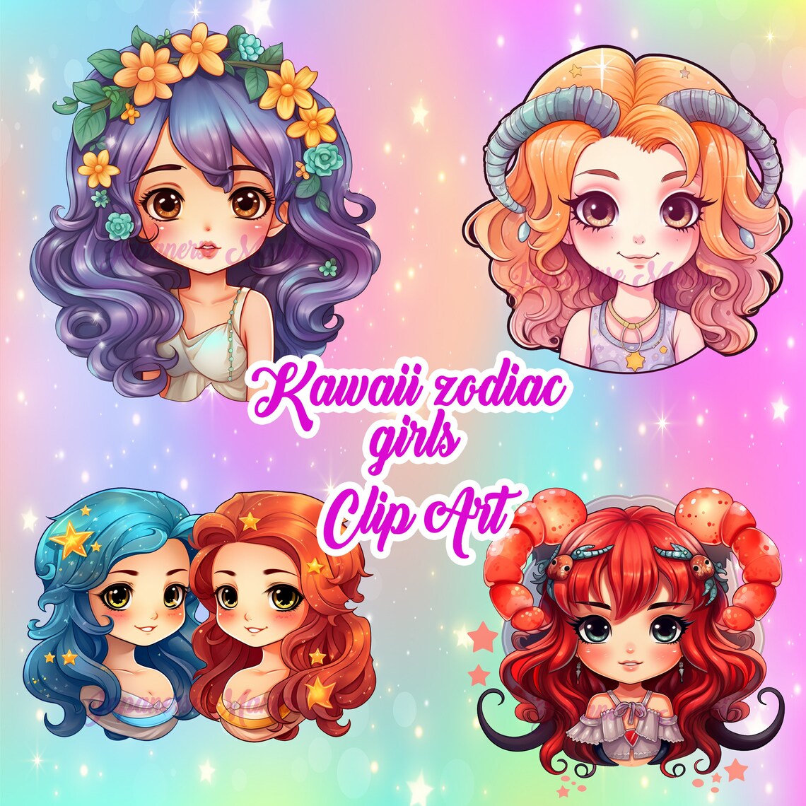 Zodiac Girls Clipart Kawaii Zodiac Clipart Zodiac Chibi - Etsy