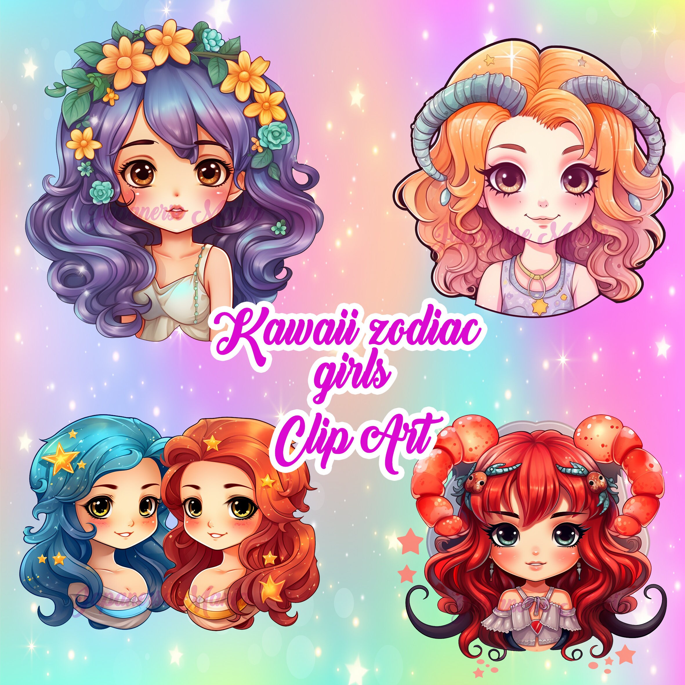 Zodiac Girls Clipart Kawaii Zodiac Clipart Zodiac Chibi - Etsy