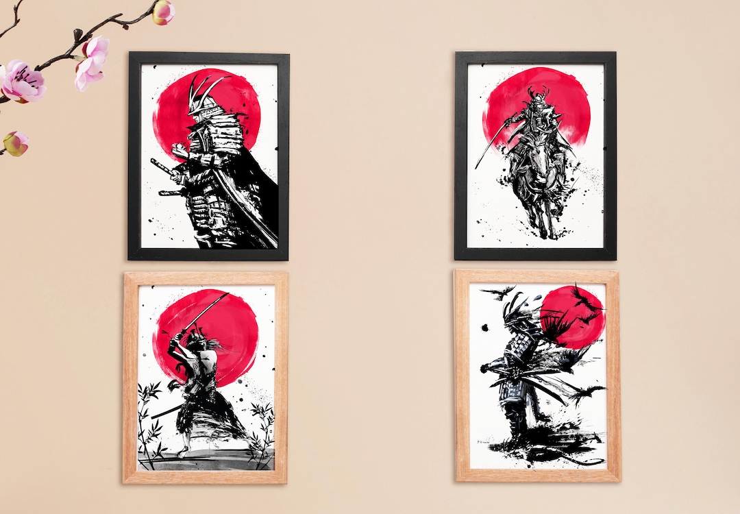 Set of 4 Inked Japanese Samurai Wall Art Set Printable Samurai Art ...