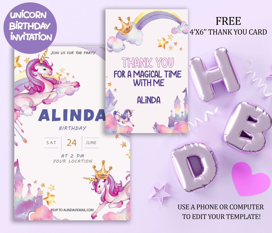 Editable Cute Unicorn Invitation Unicorn Party - Etsy
