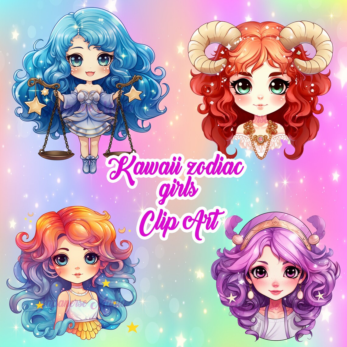 Zodiac Girls Clipart Kawaii Zodiac Clipart Zodiac Chibi - Etsy