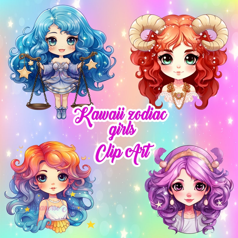 Zodiac Girls Clipart Kawaii Zodiac Clipart Zodiac Chibi - Etsy