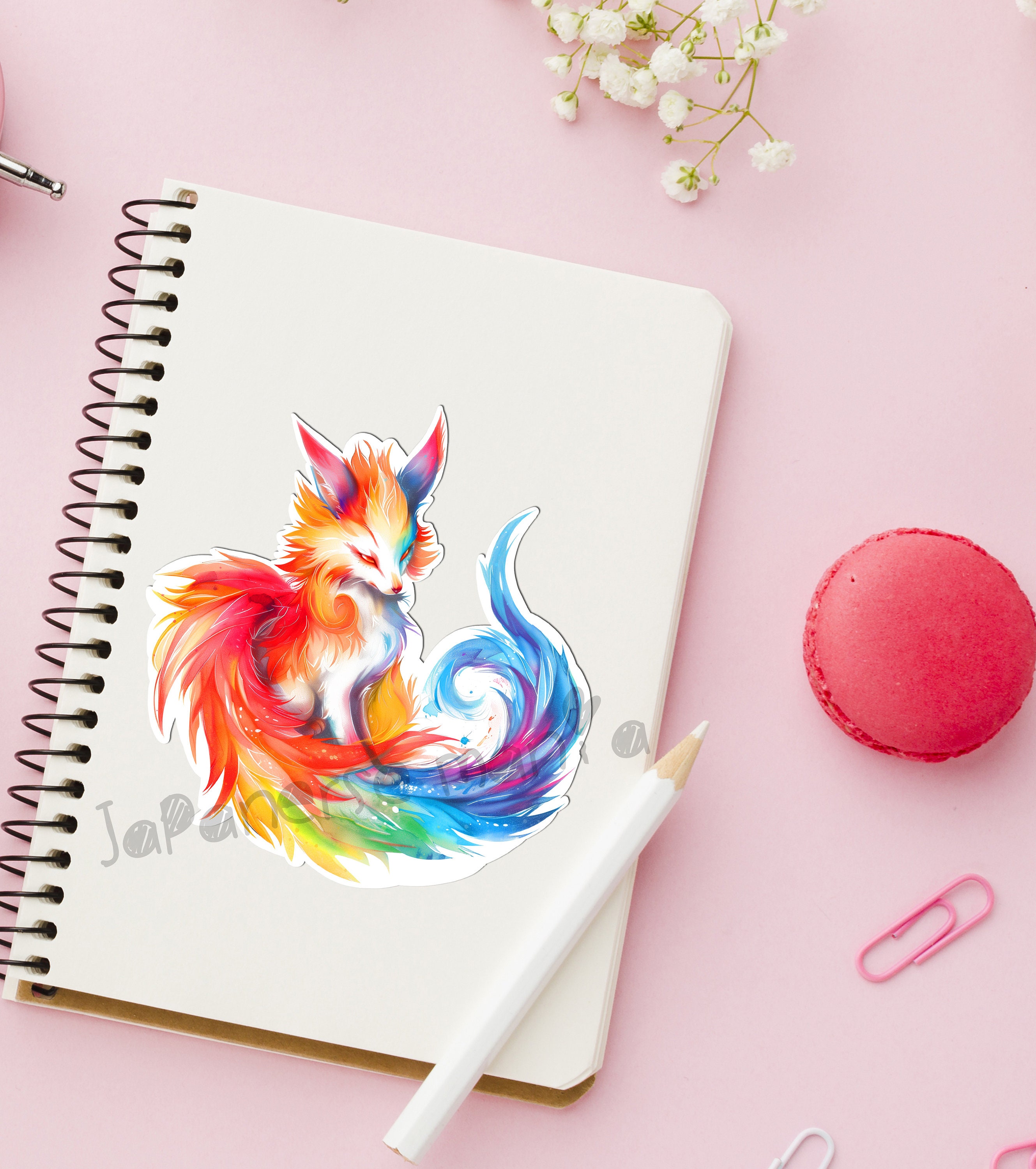 Watercolor Japanese Kitsune Stickers, Nine Tailed Fox Kitsune Stickers ...