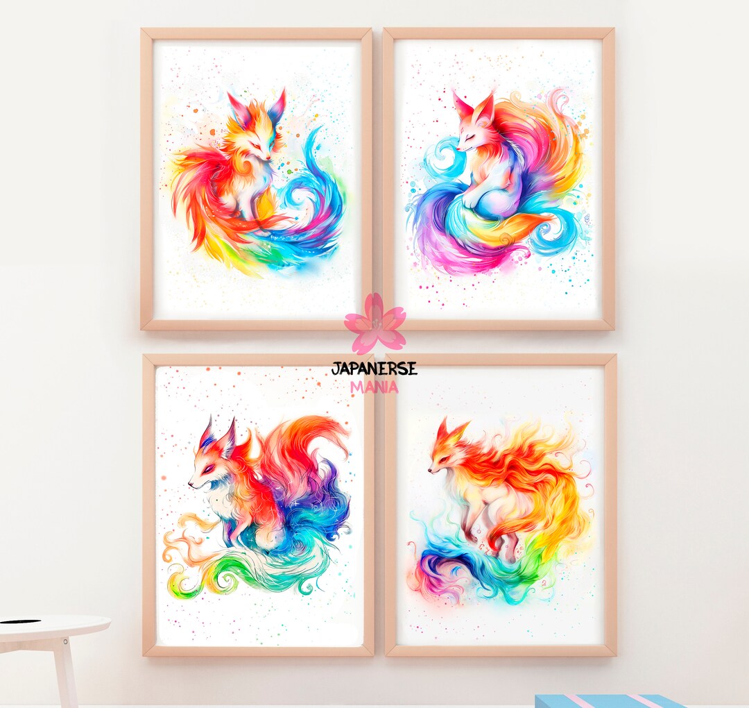Watercolor Japanese Kitsune Print, Nine Tailed Fox Kitsune Wall Art ...