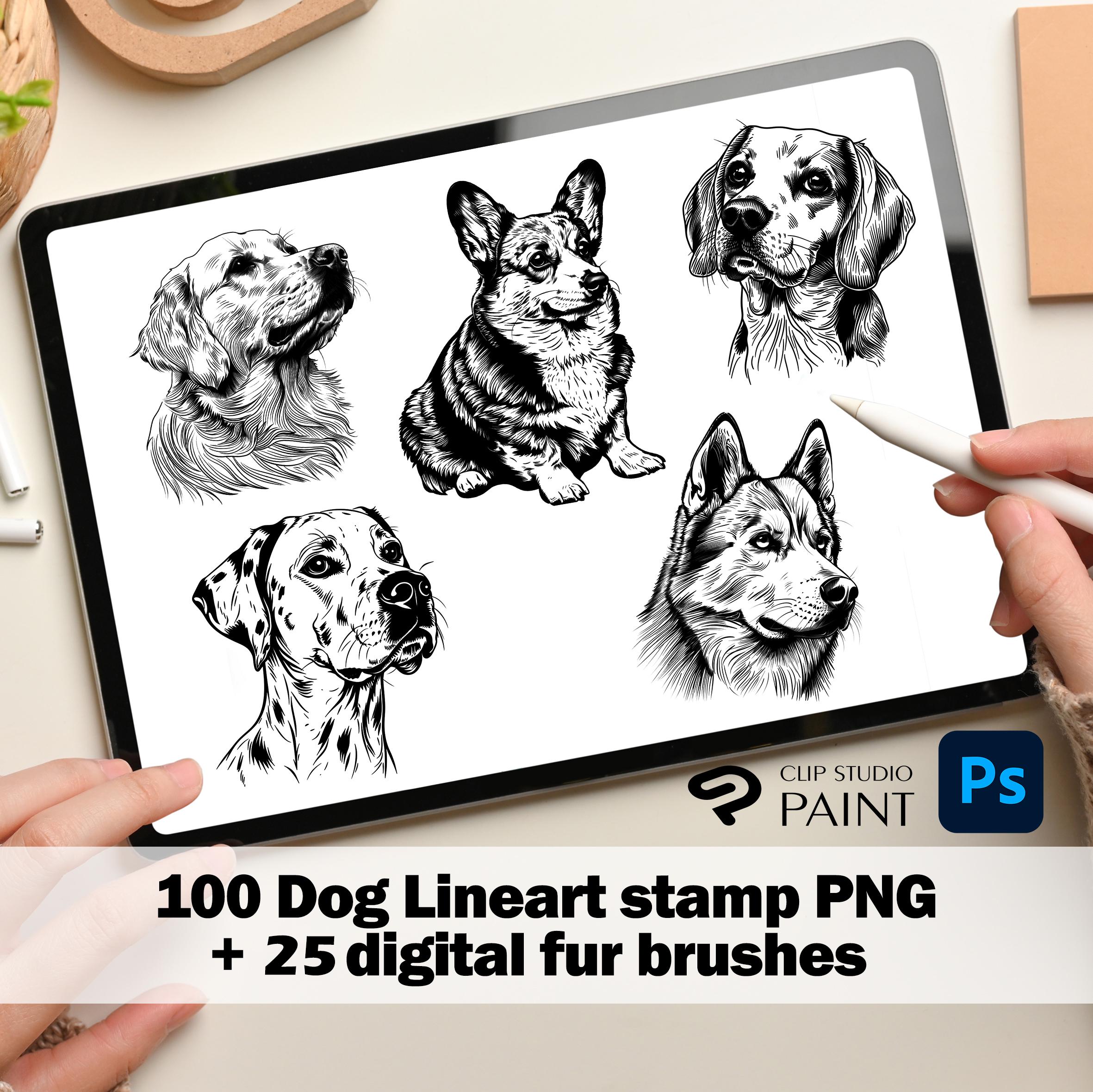 Dog Stamps Bundle: 100 Dog Lineart Png + 25 Photoshop Fur Brushes - Etsy