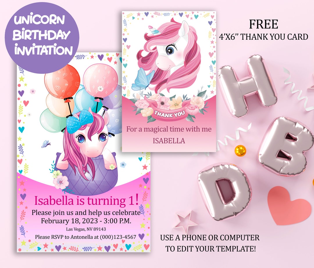 Editable Cute Unicorn Invitation Unicorn Party, Unicorn-themed Birthday ...