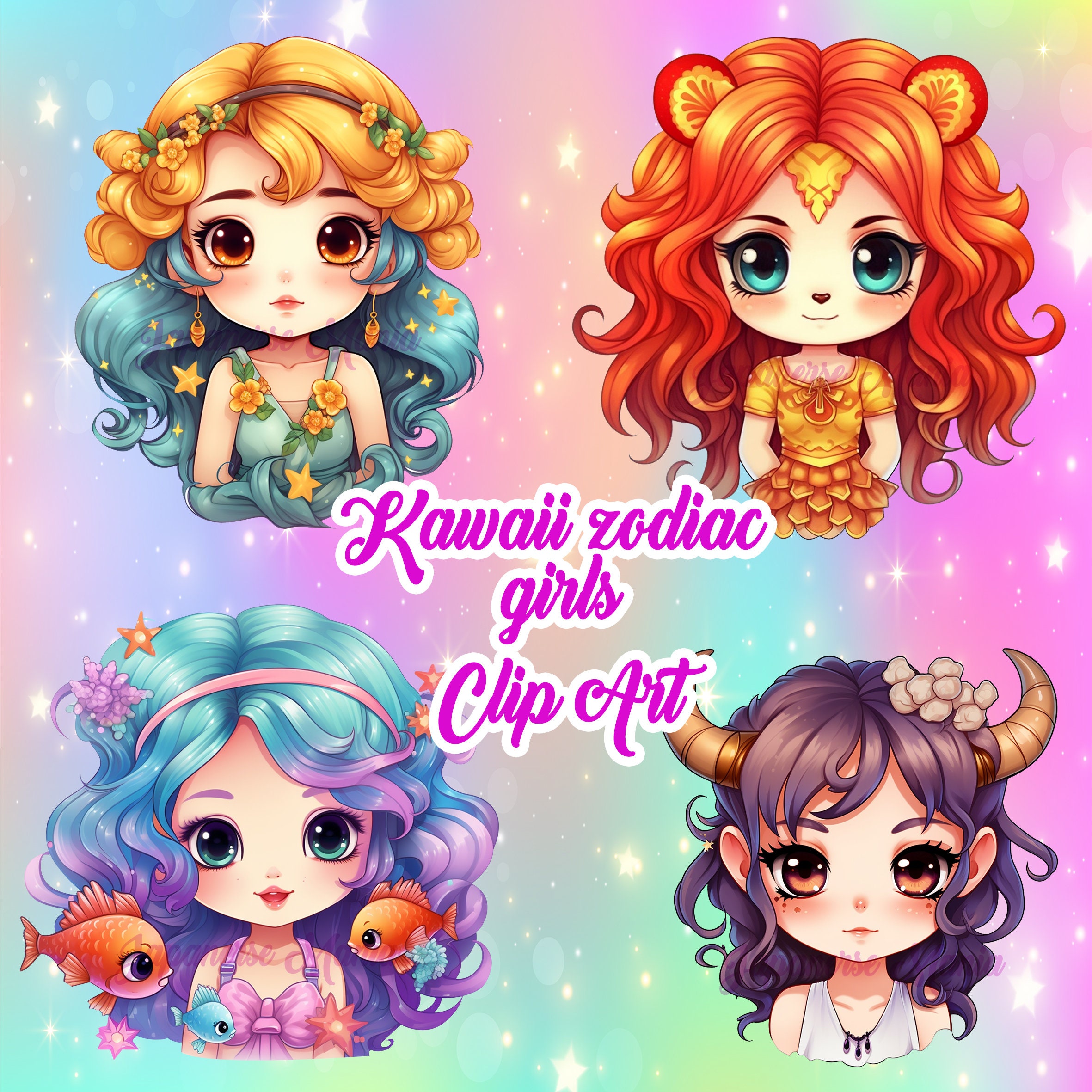 Zodiac Girls Clipart Kawaii Zodiac Clipart Zodiac Chibi - Etsy