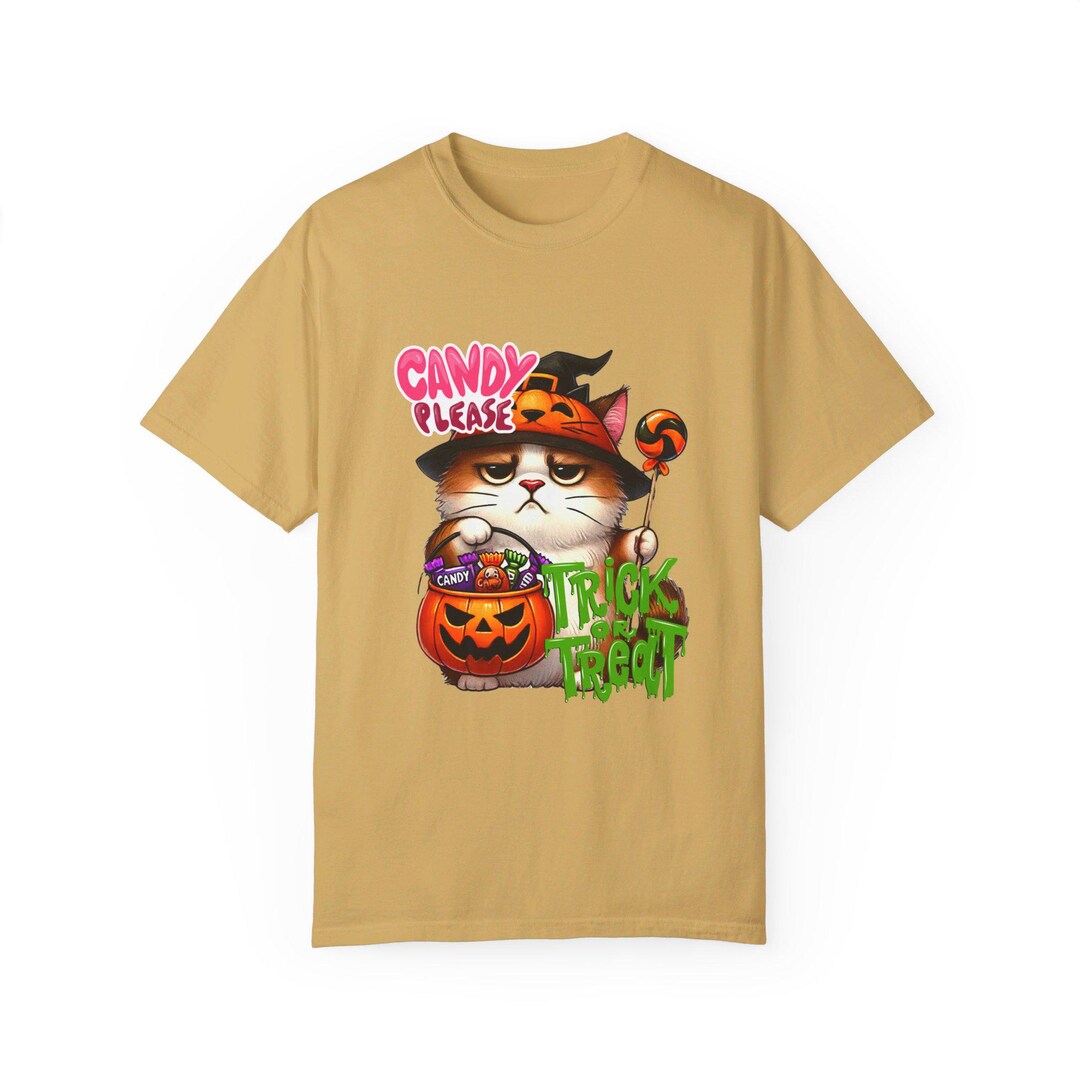Candy Cat Fot Halloween on Unisex Garment-dyed T-shirt - Etsy