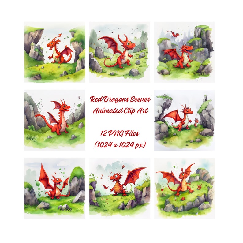 12 Watercolour Red Dragon Clipart Scenes Animated Red Dragon ...